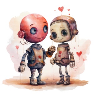 8 Romantic Robots Couple Clipart, Robot Lovers, Printable Watercolor ...