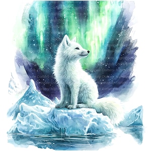 10 Polar Fox Clipart, Northern Lights Print, Printable Watercolor ...