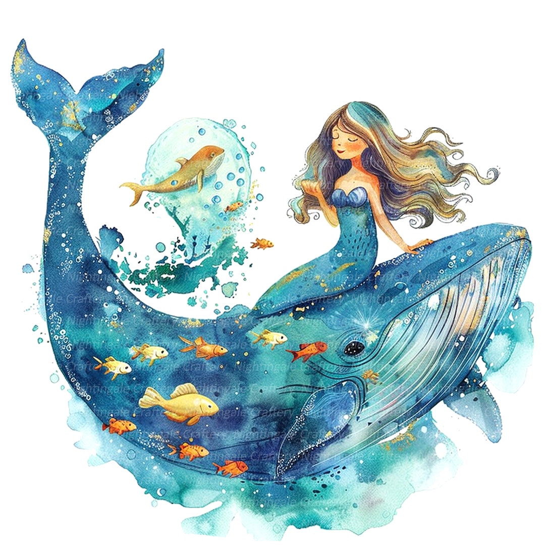 10 Little Mermaid Girl Clipart, Whale Clipart, Printable Watercolor ...