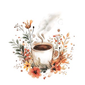 8 Coffee Cup, Boho Floral Coffee Clipart, Printable Watercolor Clipart ...