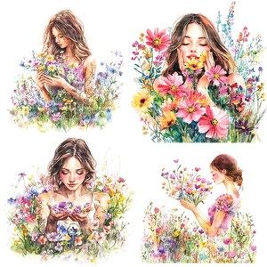 16 Girl in Flowers Clipart, Floral Girl Meadow, Printable Watercolor ...