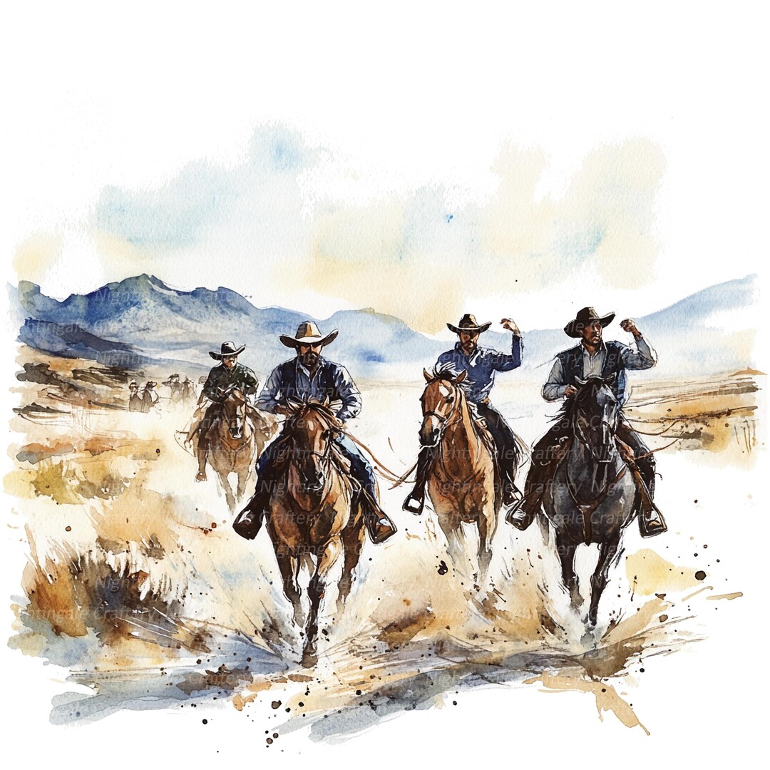 7 Cowboys Clipart, Wild West Cowboys Riding, Printable Watercolor ...
