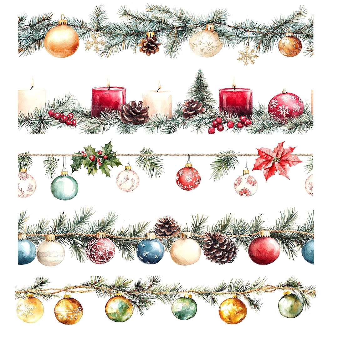 20 Various Christmas Garland Clipart, Seamless Border, Printable ...