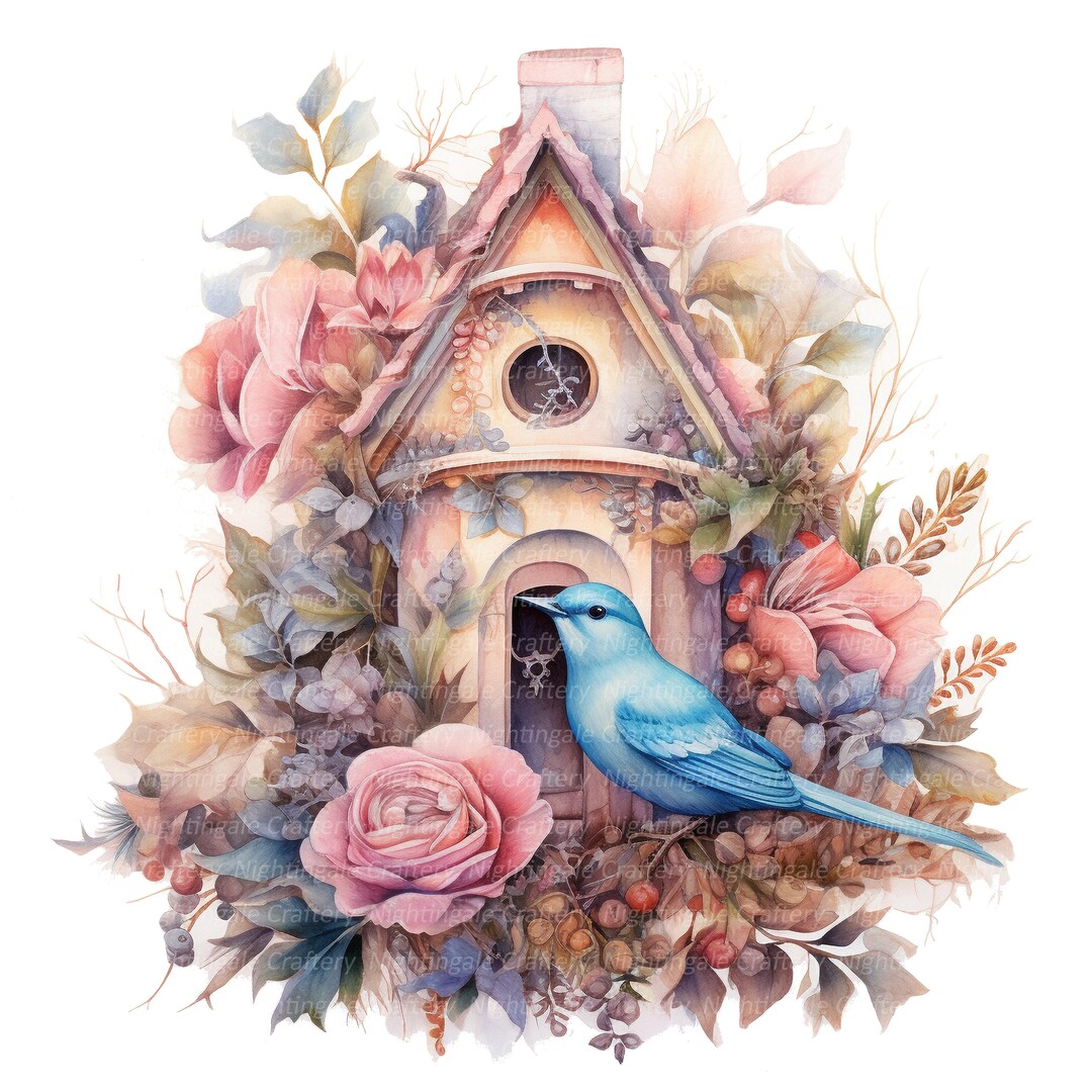 12 Floral Birdhouse Clipart, Bird House Clipart, Printable Watercolor ...