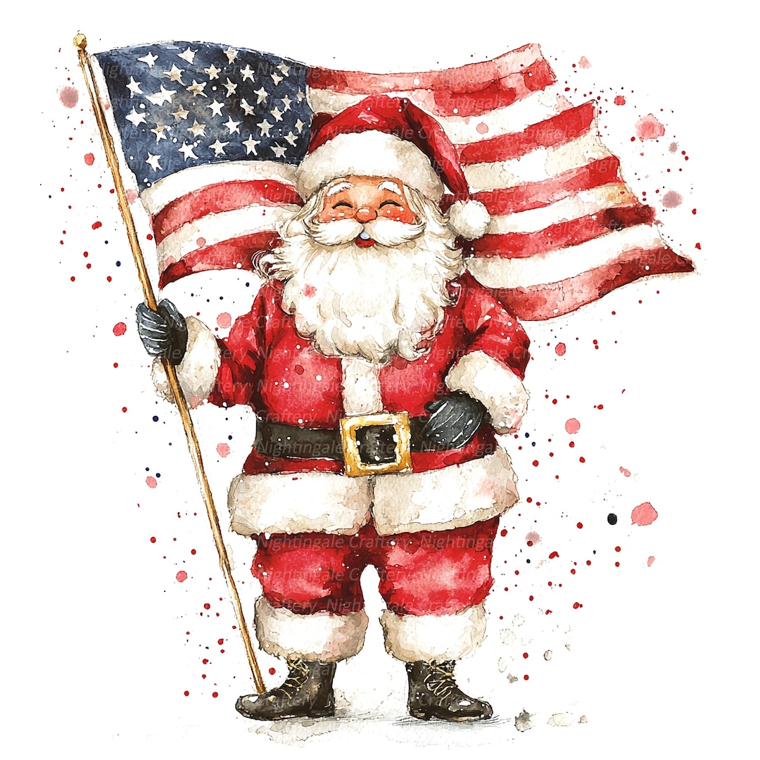 13 Patriotic Santa Claus Clipart, USA Flag, Printable Watercolor ...