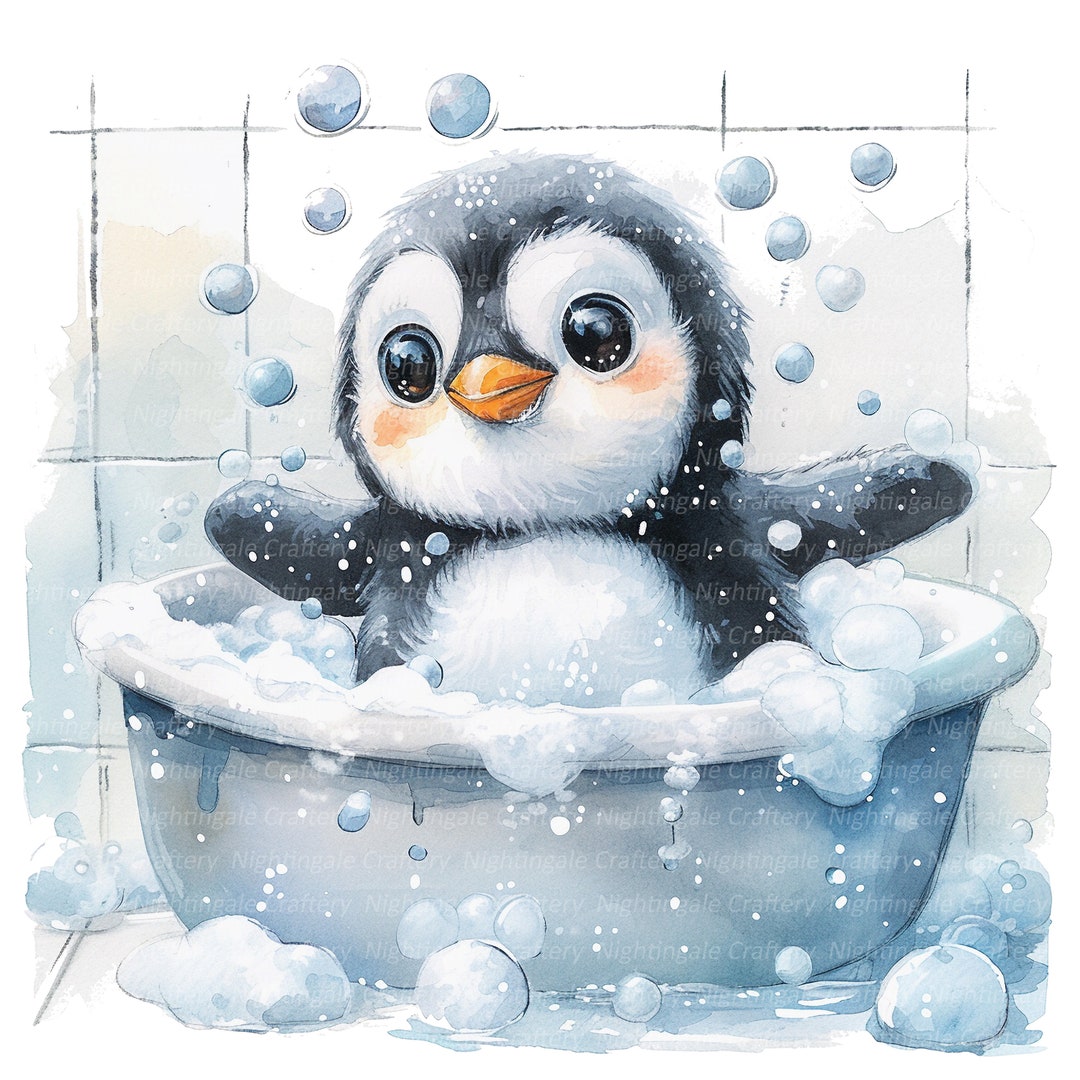 9 Penguin in Bathtub Clipart, Penguin Washing, Printable Watercolor ...