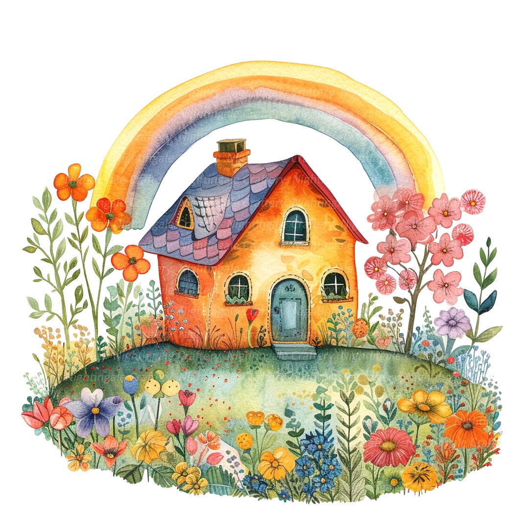 12 Fairy House Clipart, Floral Rainbow Clipart, Printable Watercolor ...