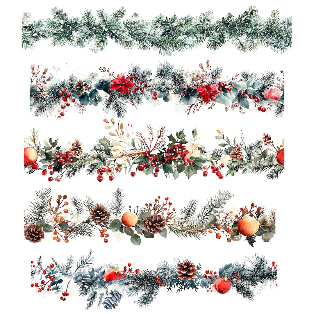 20 Christmas Garland Clipart, Seamless Border, Printable Watercolor ...