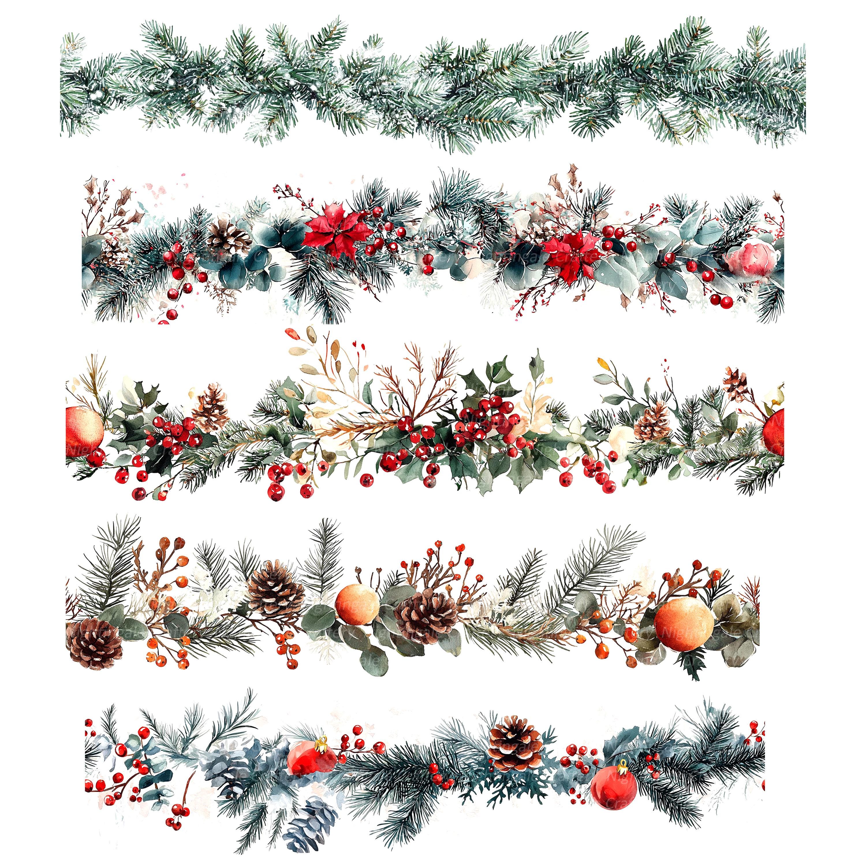 20 Christmas Garland Clipart, Seamless Border, Printable Watercolor ...