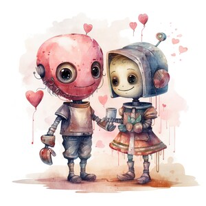 8 Romantic Robots Couple Clipart, Robot Lovers, Printable Watercolor ...