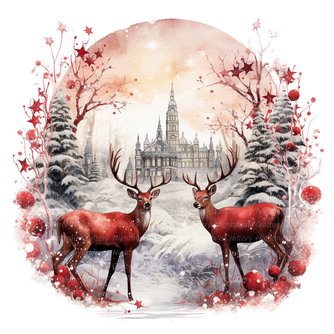 8 Christmas Deer Clipart, Christmas Card Art, Printable Watercolor ...