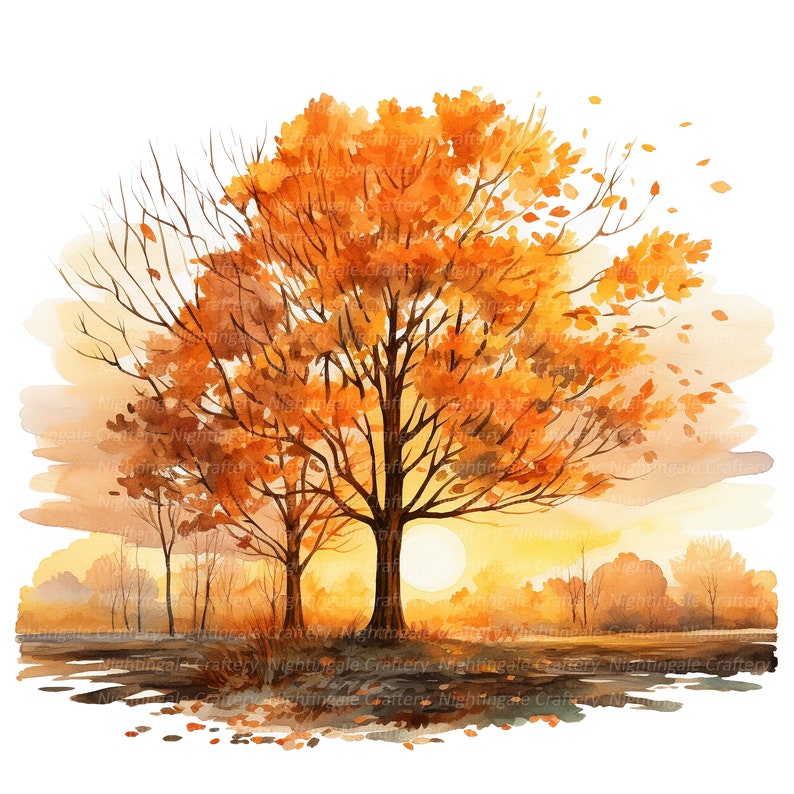 12 Sunset in Autumn Clipart, Fall Landscape, Printable Watercolor ...