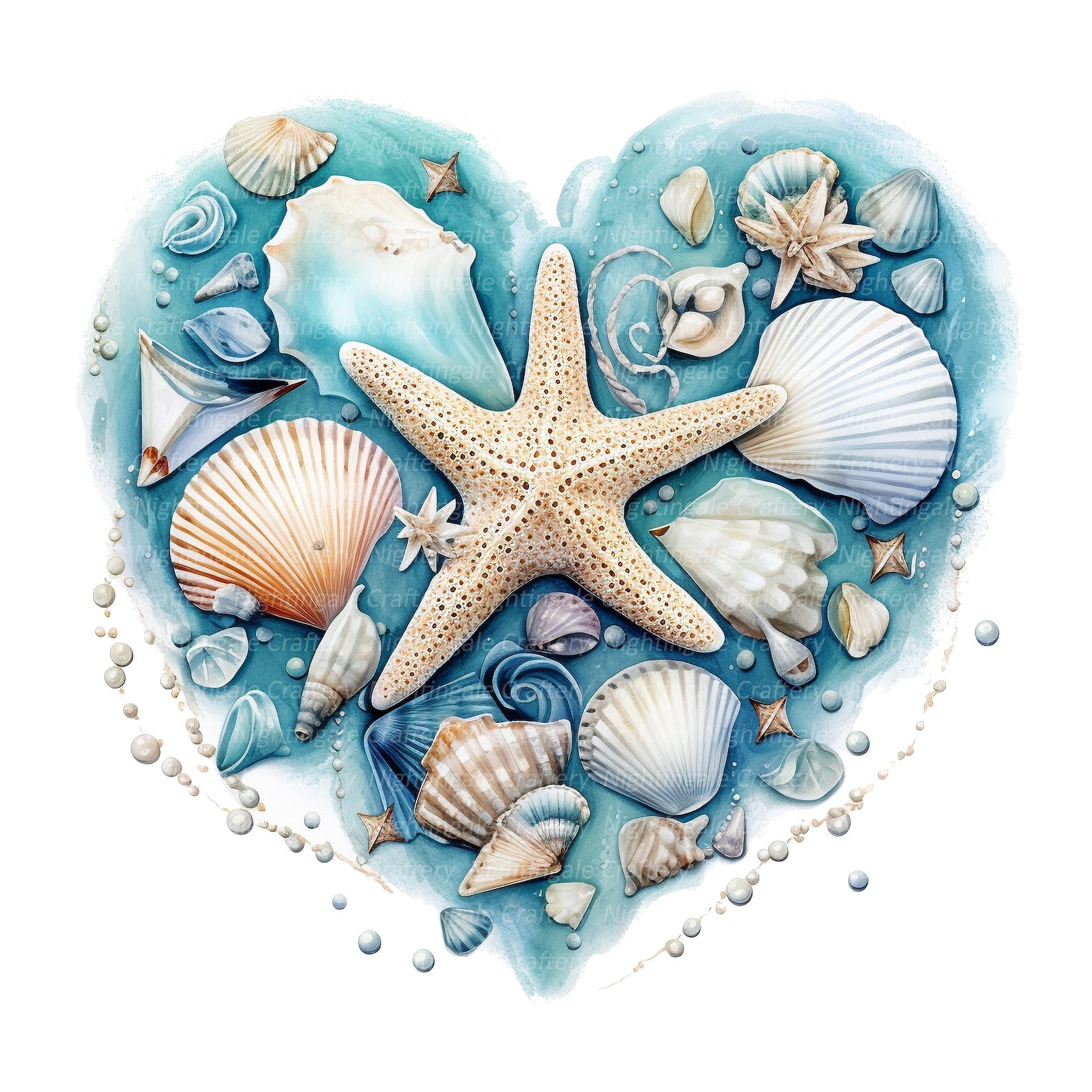 14 Sea Shells Heart Clipart, Seashell Clipart, Printable Watercolor ...