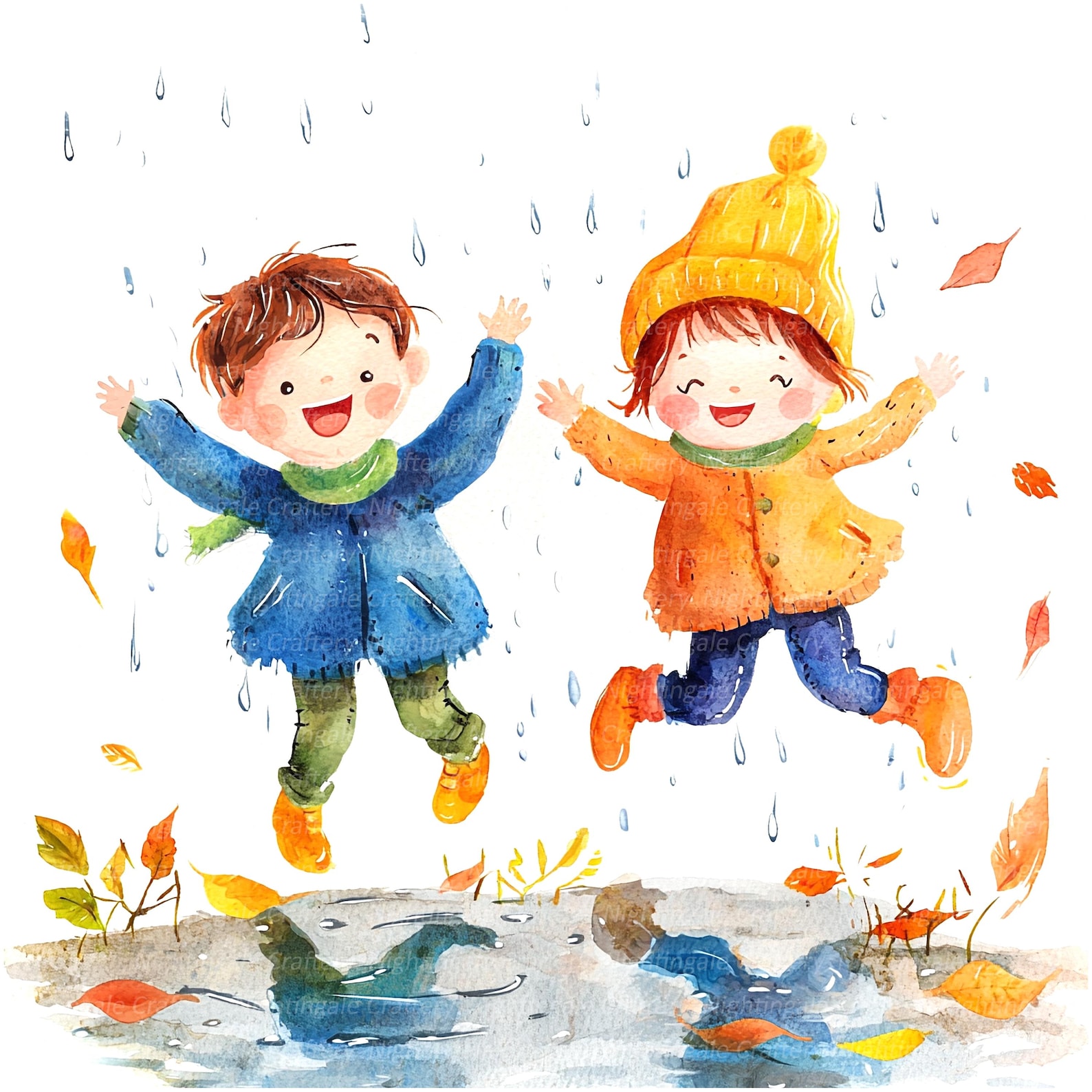 9 Kids in Autumn Clipart, Rain Puddles Clipart, Printable Watercolor ...