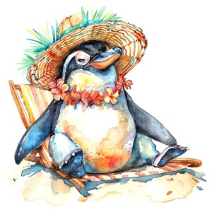 12 Hawaiian Penguin Clipart, Penguin in Beach, Printable Watercolor ...