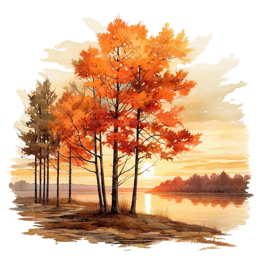 12 Sunset in Autumn Clipart, Fall Landscape, Printable Watercolor ...