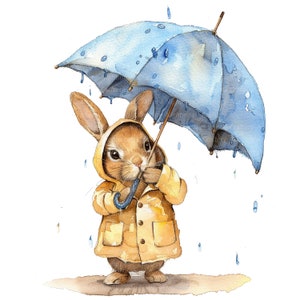 10 Bunny Rainy Clipart, Bunny With Umbrella, Printable Watercolor ...