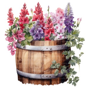 14 Floral Wooden Barrel Clipart, Floral Barrel, Printable Watercolor ...
