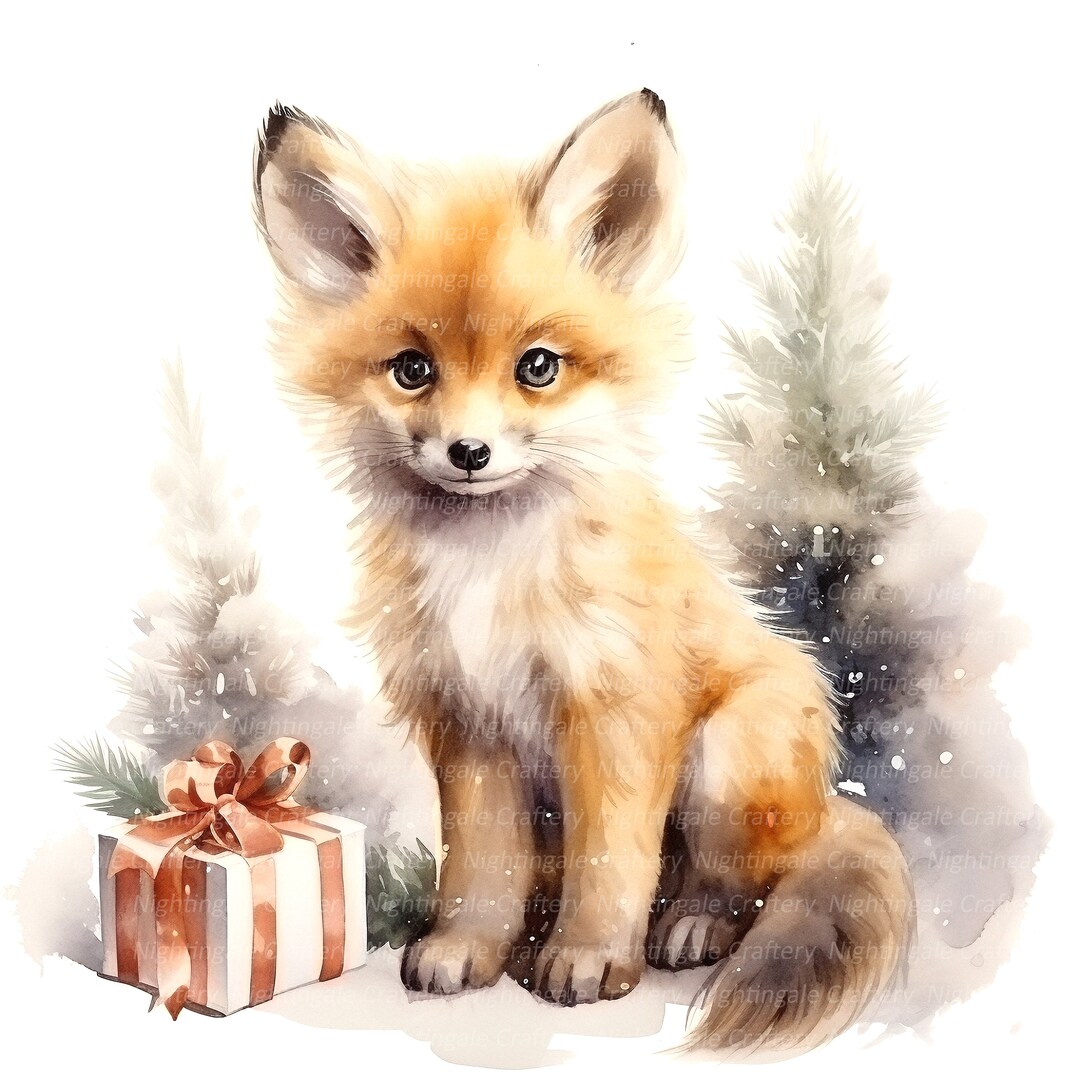 12 Christmas Fox Clipart, Baby Fox, Little Fox, Printable Watercolor ...