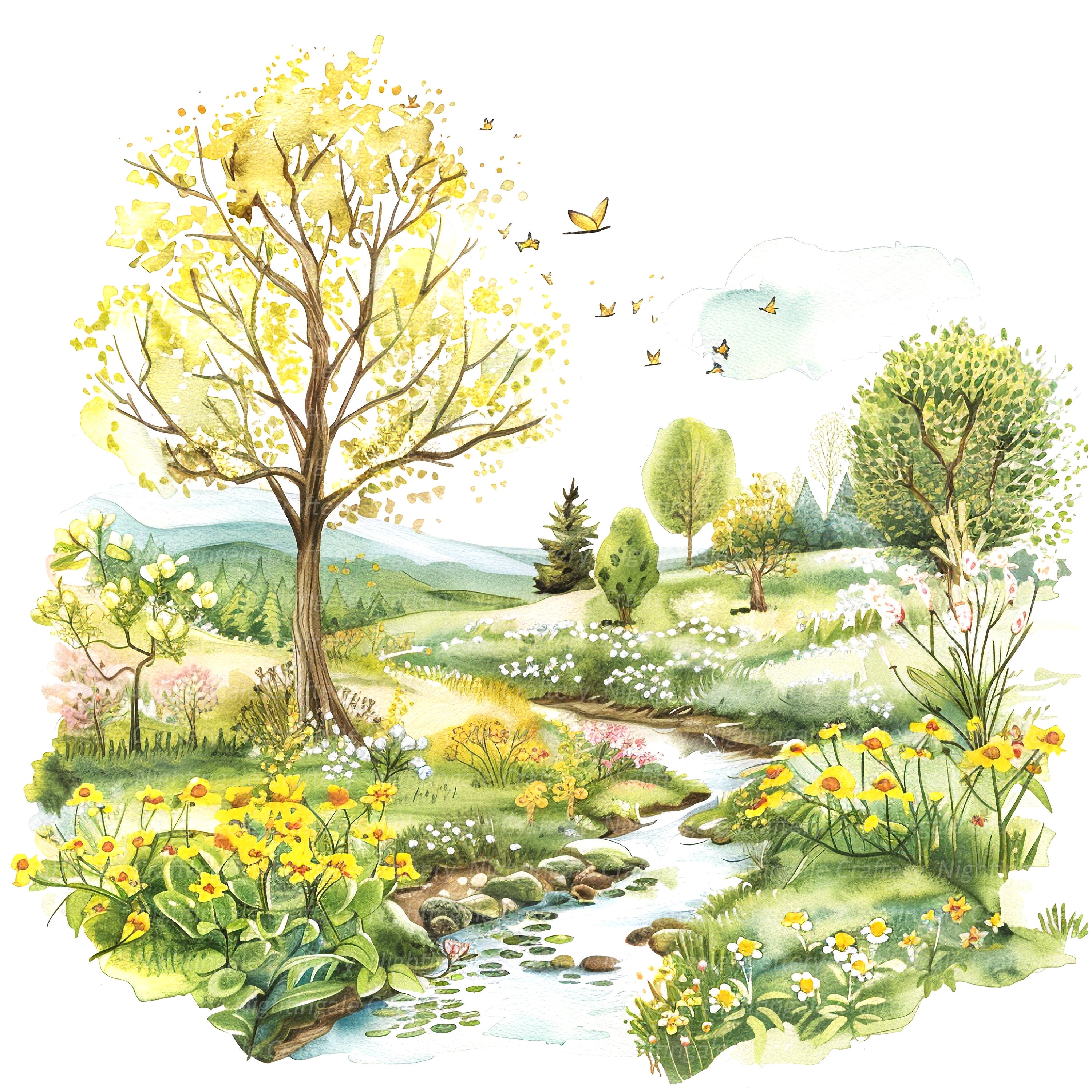 14 Spring Landscape Clipart, Spring Clipart, Printable Watercolor ...