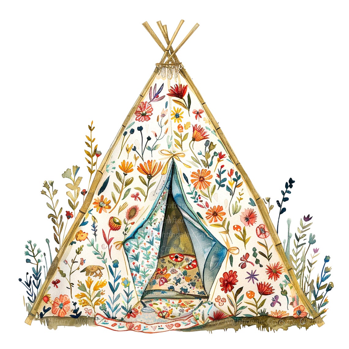 12 Floral Tent Clipart, Boho Tent Clipart, Printable Watercolor Clipart ...
