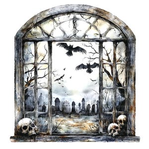 16 Window to Cemetery Clipart, Halloween Cemetery Clipart, Printable ...