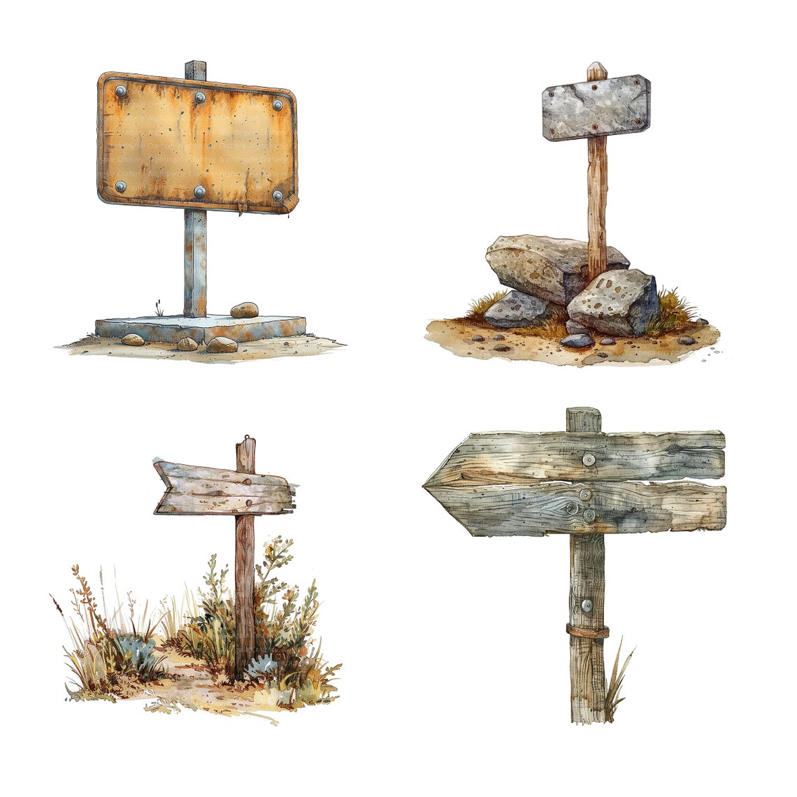 16 Rustic Wood Sign Clipart, Wooden Road Sign, Printable Watercolor ...