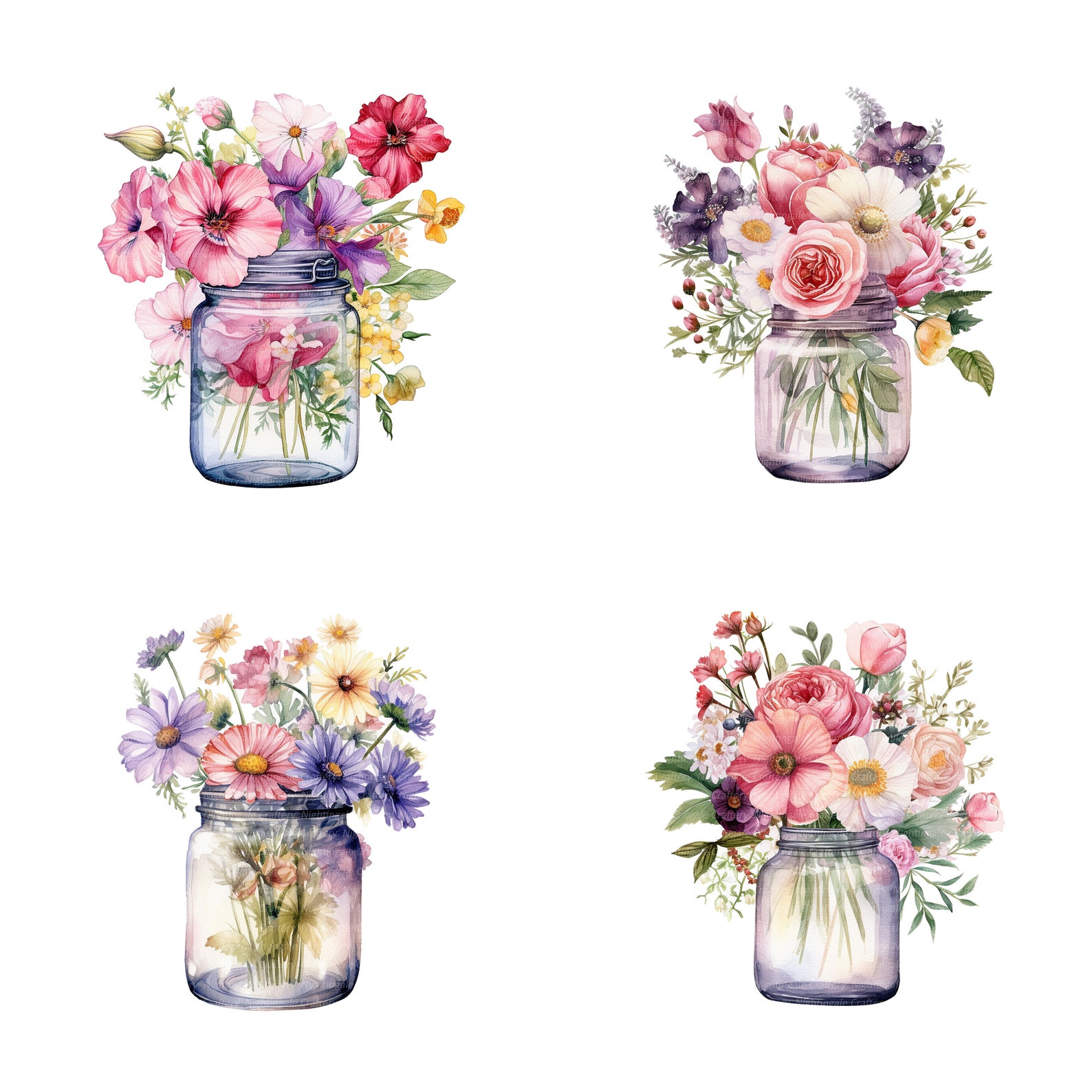 16 Flowers in Jar Clipart, Wild Flowers Clipart, Printable Watercolor ...