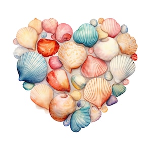 14 Sea Shells Heart Clipart, Seashell Clipart, Printable Watercolor ...