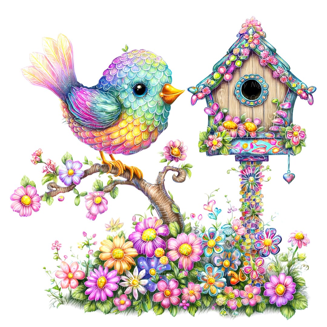 14 Bird and Birdhouse Clipart, Floral Birdhouse, Illustration ...
