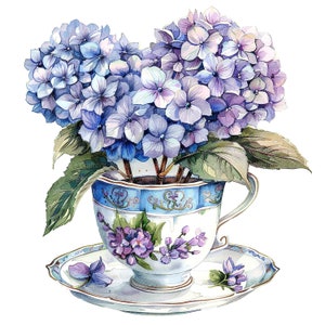 10 Hydrangea in Tea Cup Clipart, Floral Tea Cup, Printable Watercolor ...