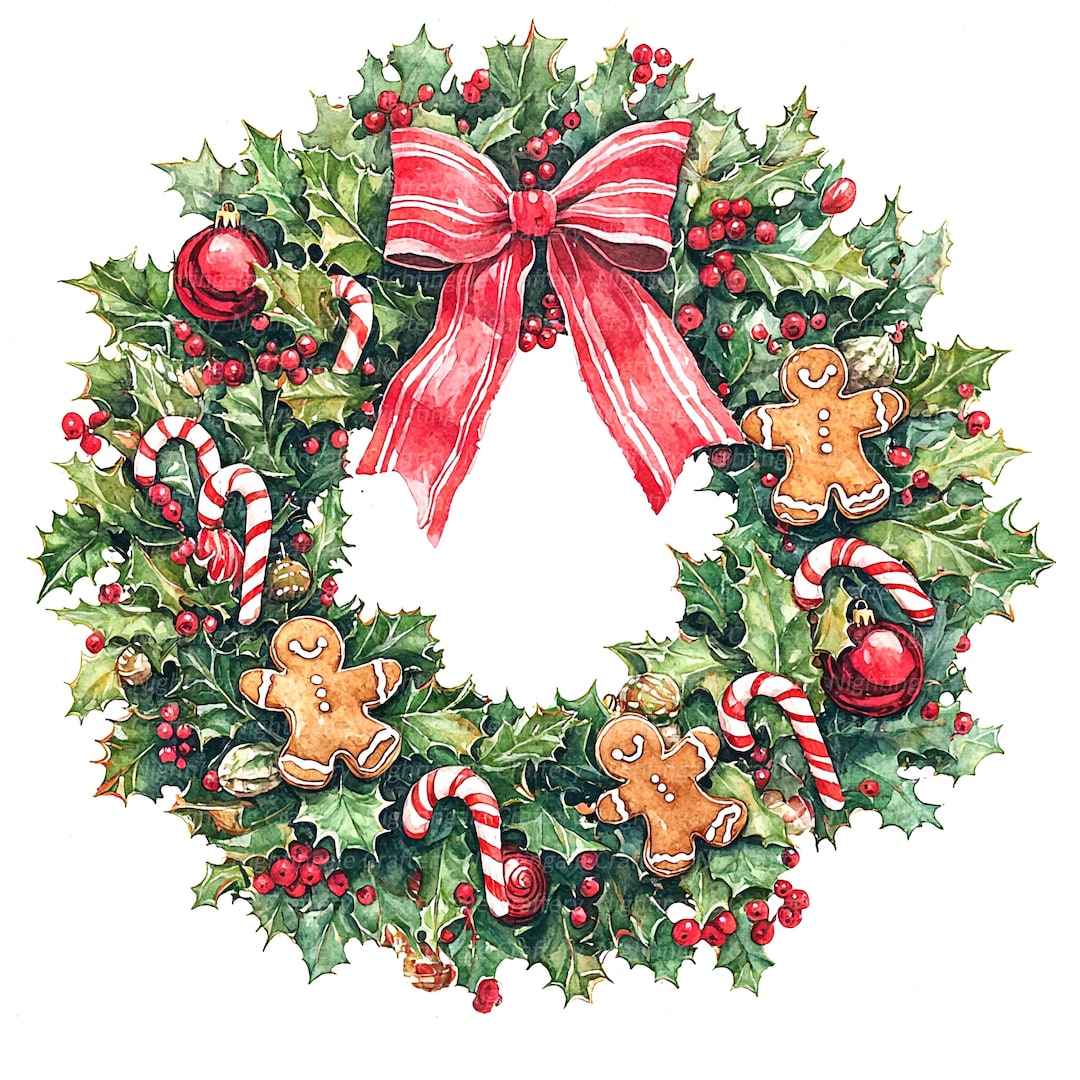 10 Holly Leaves Christmas Wreath, Digital Clipart, Watercolor Clipart ...