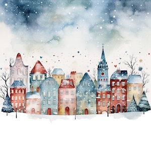 9 Christmas Card Clipart, Winter Houses Card, Printable Watercolor ...