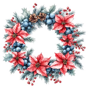 10 Poinsettia Christmas Wreath Clipart, Card Making, Watercolor Clipart ...