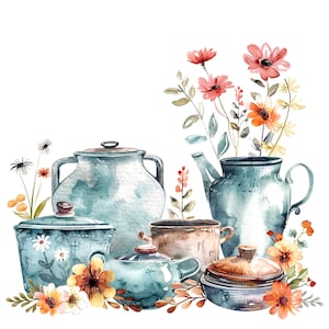 12 Floral Pots and Pans, Kitchen Clipart, Printable Watercolor Clipart ...