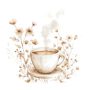 8 Coffee Cup, Boho Floral Coffee Clipart, Printable Watercolor Clipart ...