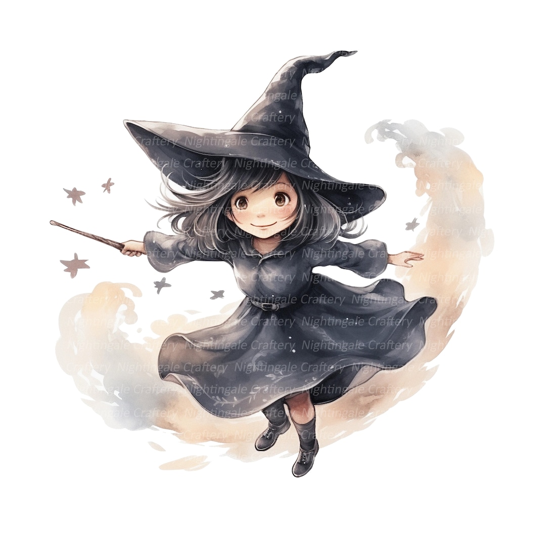 10 Little Witch Cartoon Clipart, Printable Watercolor Clipart, High ...