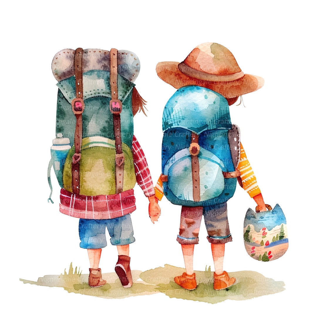 14 Kids Travellers Clipart, Kids Hiking Camping, Printable Watercolor ...