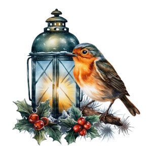 12 Christmas Robin and Lantern Clipart, Printable Watercolor Clipart ...