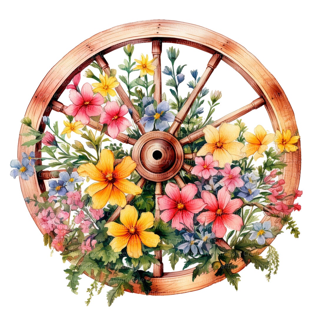 10 Floral Wheel Clipart, Wooden Wheel, Printable Watercolor Clipart ...
