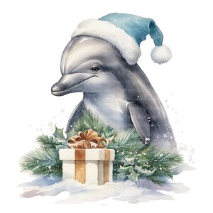 12 Christmas Dolphin Clipart, Christmas Card, Printable Watercolor ...
