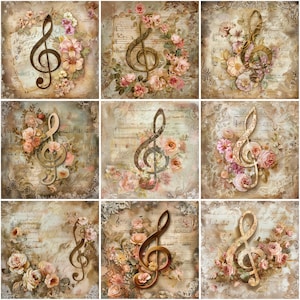 18 Floral Music Notes Background Papers, 12 X 12 Digital Paper Pack ...