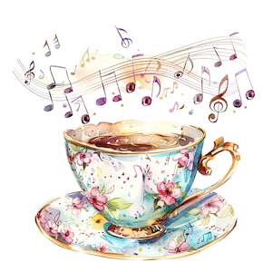 12 Music Notes Tea Cup Clipart, Printable Watercolor Clipart, High ...