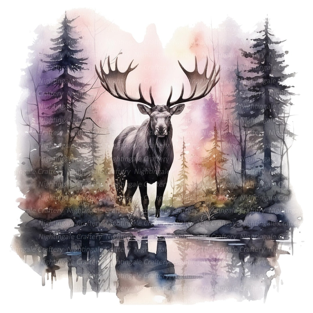8 Moose in Magic Forest Clipart, Moose Clipart, Printable Watercolor ...
