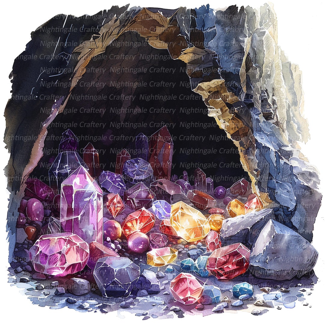 12 Treasures in Cave Clipart, Hidden Treasures, Printable Watercolor ...