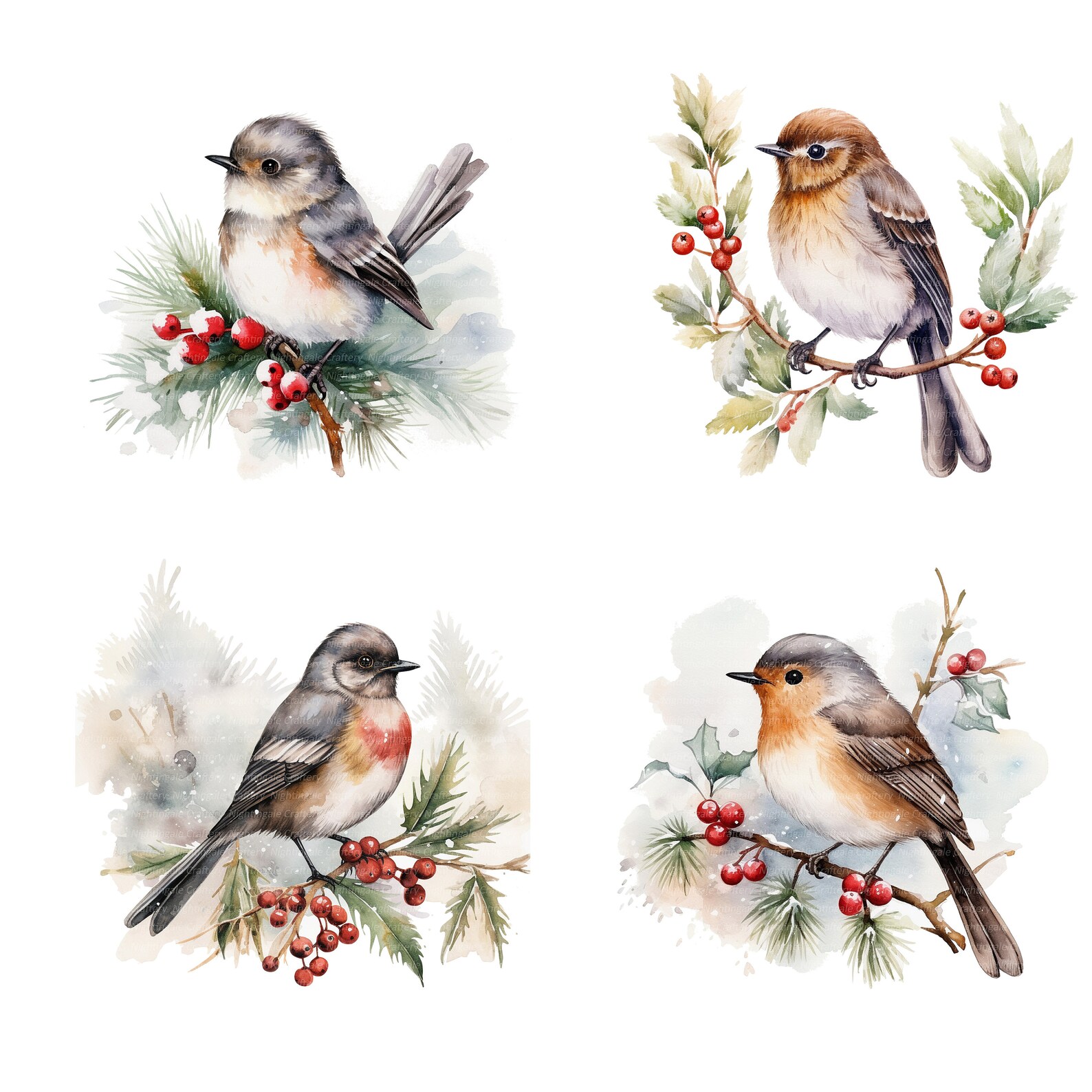 20 Various Christmas Birds Clipart, Robin, Printable Watercolor Clipart ...