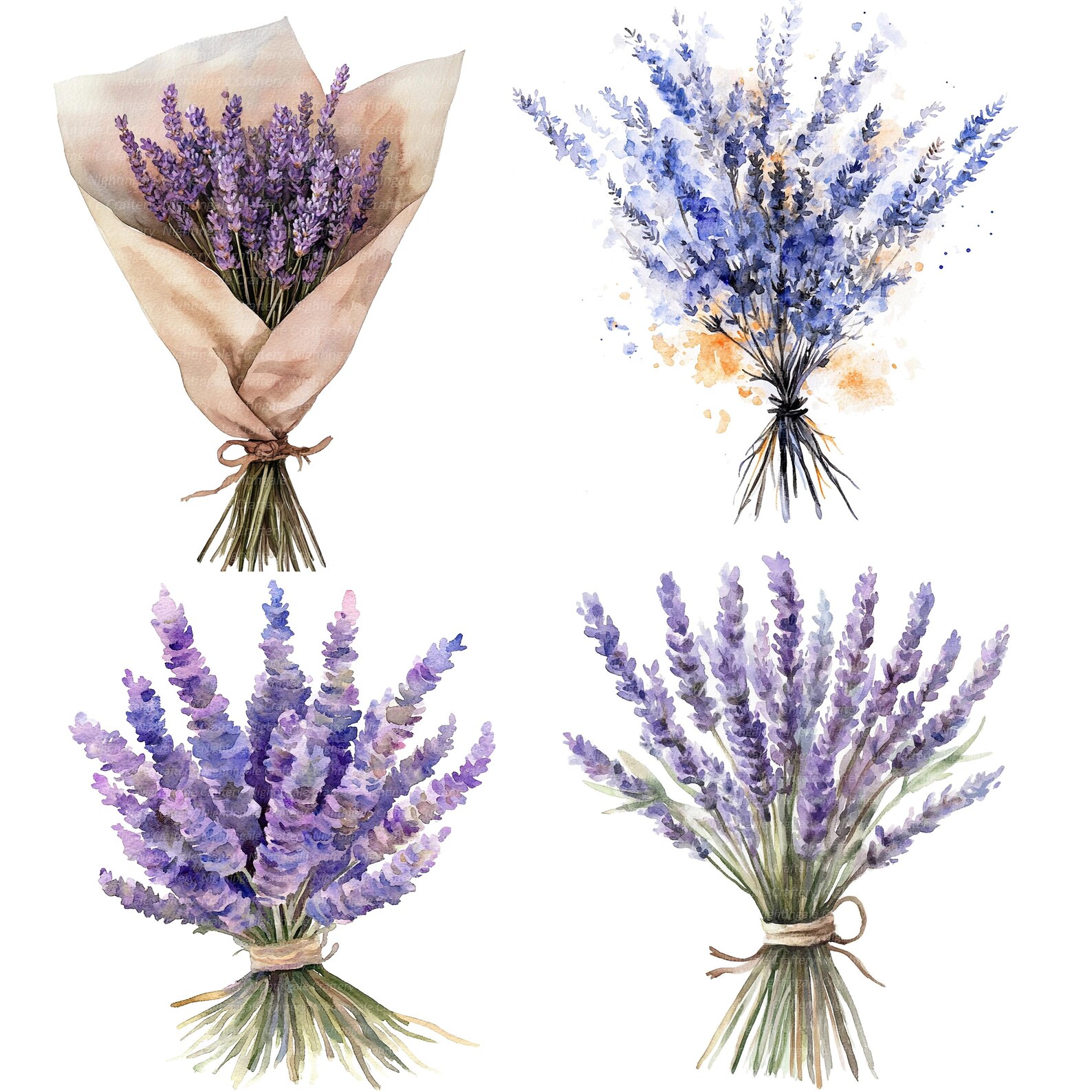 Lavender Clipart, Lavender Bouquet Set, Printable Watercolor Clipart ...
