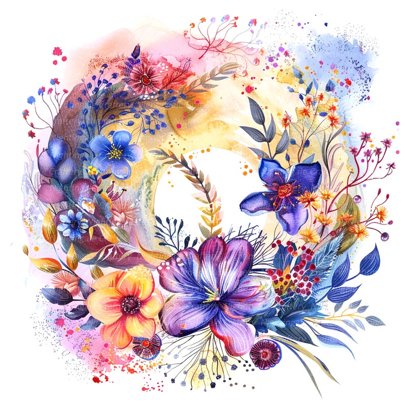 12 Floral Decor Circle Set 3, Florals, Digital Clipart, Watercolor ...