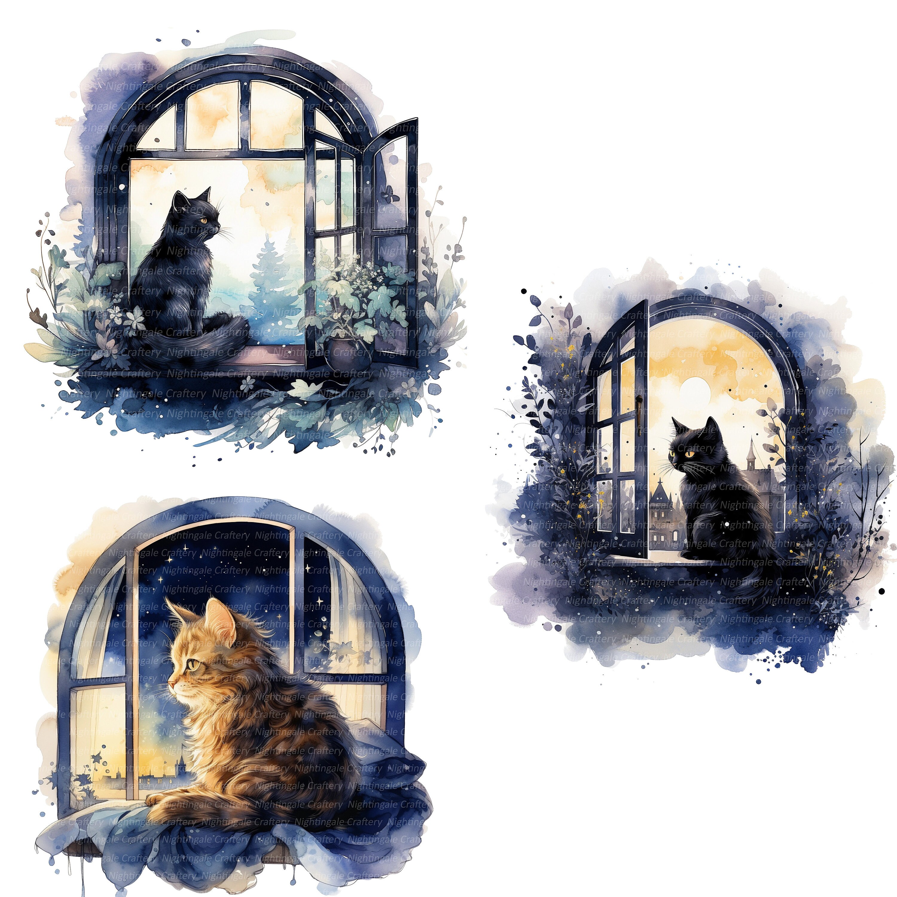14 Cat at Window Clipart, Cat Moonlight, Printable Watercolor Clipart ...