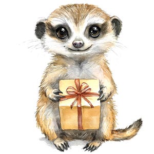 10 Meerkat With Gift Clipart, Birthday Card, Printable Watercolor ...